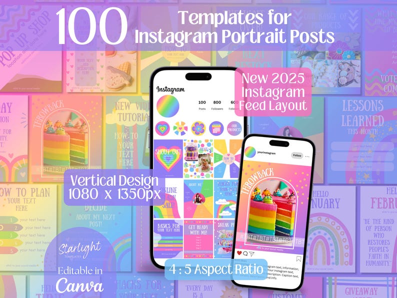100 Post Templates New Instagram Grid Layout, Bright Colorful Rainbow ...
