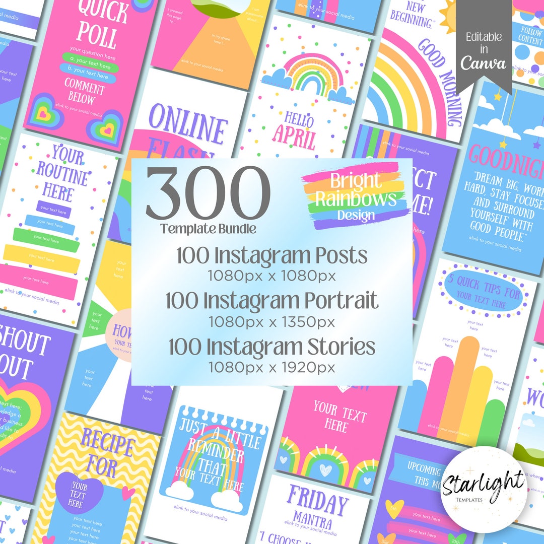 300 Rainbow Instagram Post Templates Bundle, Bright Instagram Rainbow ...