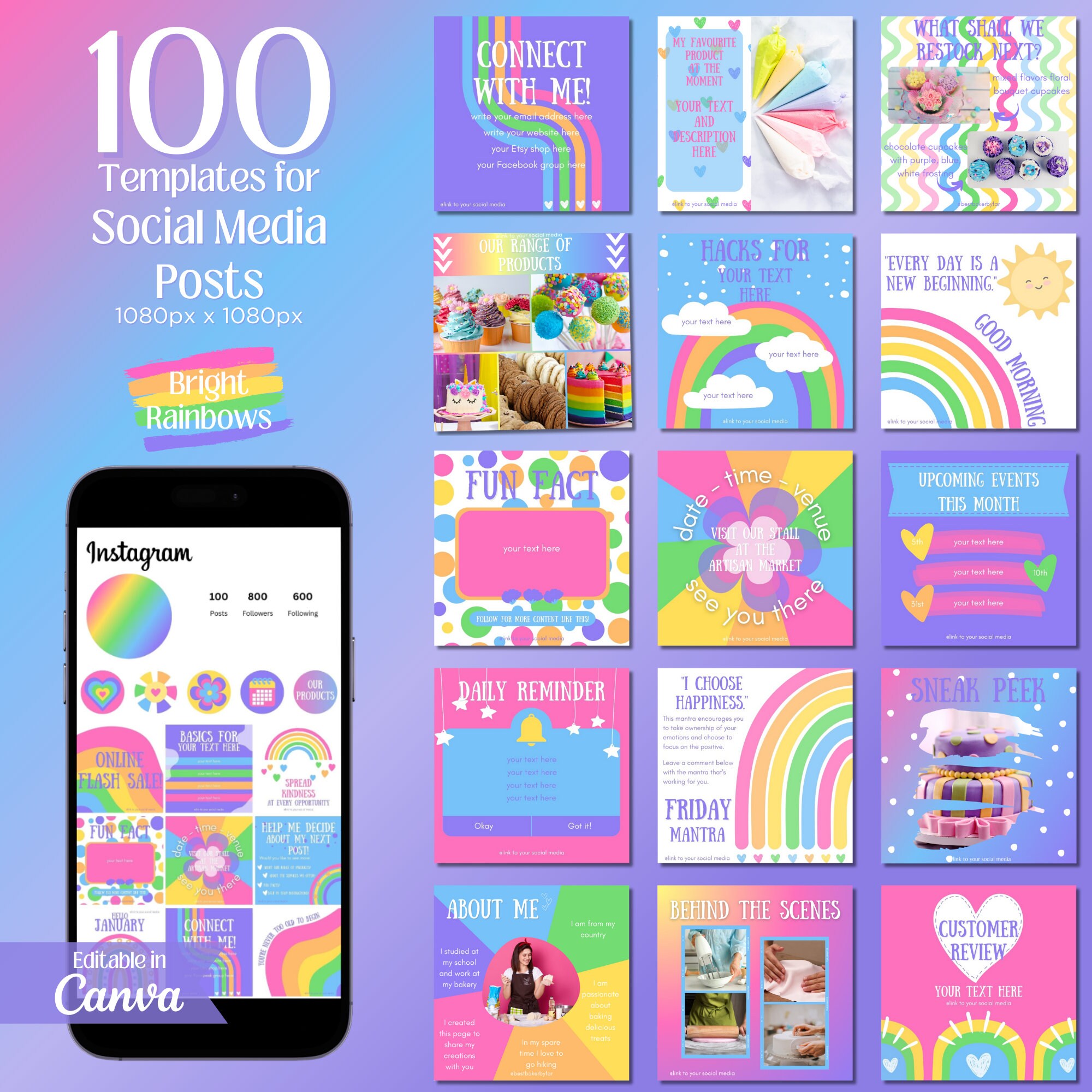 100 Bright Rainbow Instagram Templates, Colorful Instagram Posts, Cute ...