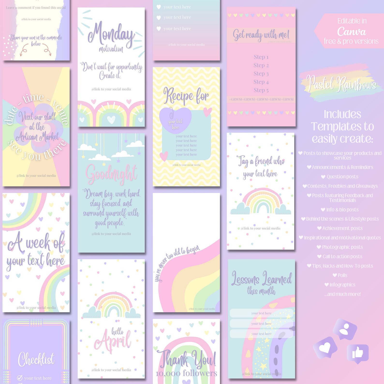 Pastel Rainbow Instagram Posts Bundle | Pastel IG Feed & Stories ...