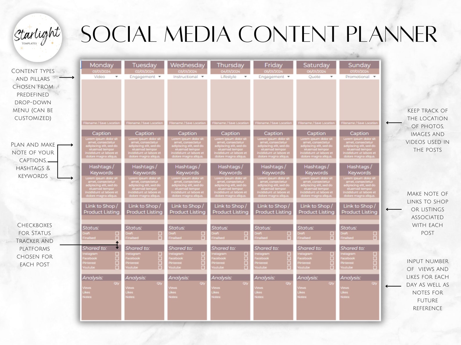 Full Year Social Media Content Planner, Google Sheets Template, Socials ...