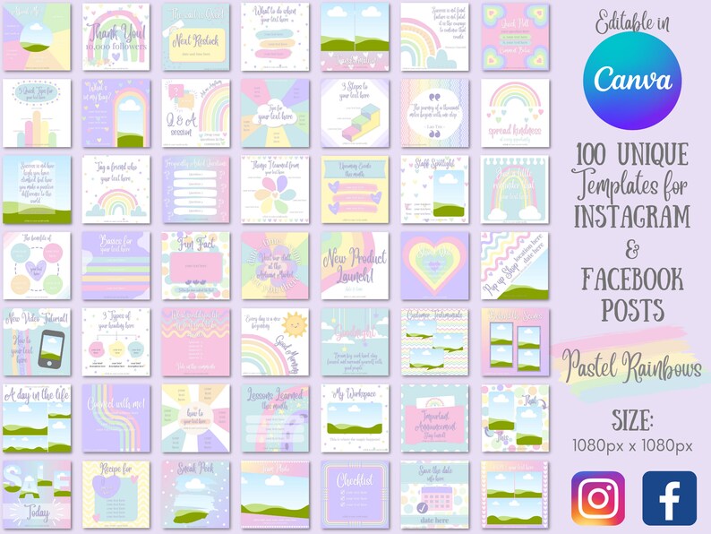 Pastel Rainbow Instagram Templates, Instagram Rainbow Posts, Social ...