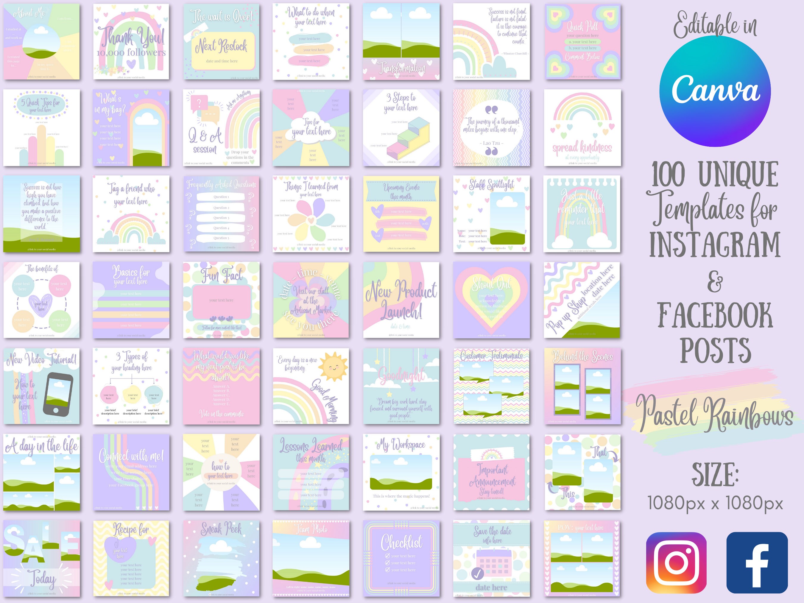 Pastel Rainbow Instagram Templates, Instagram Rainbow Posts, Social ...