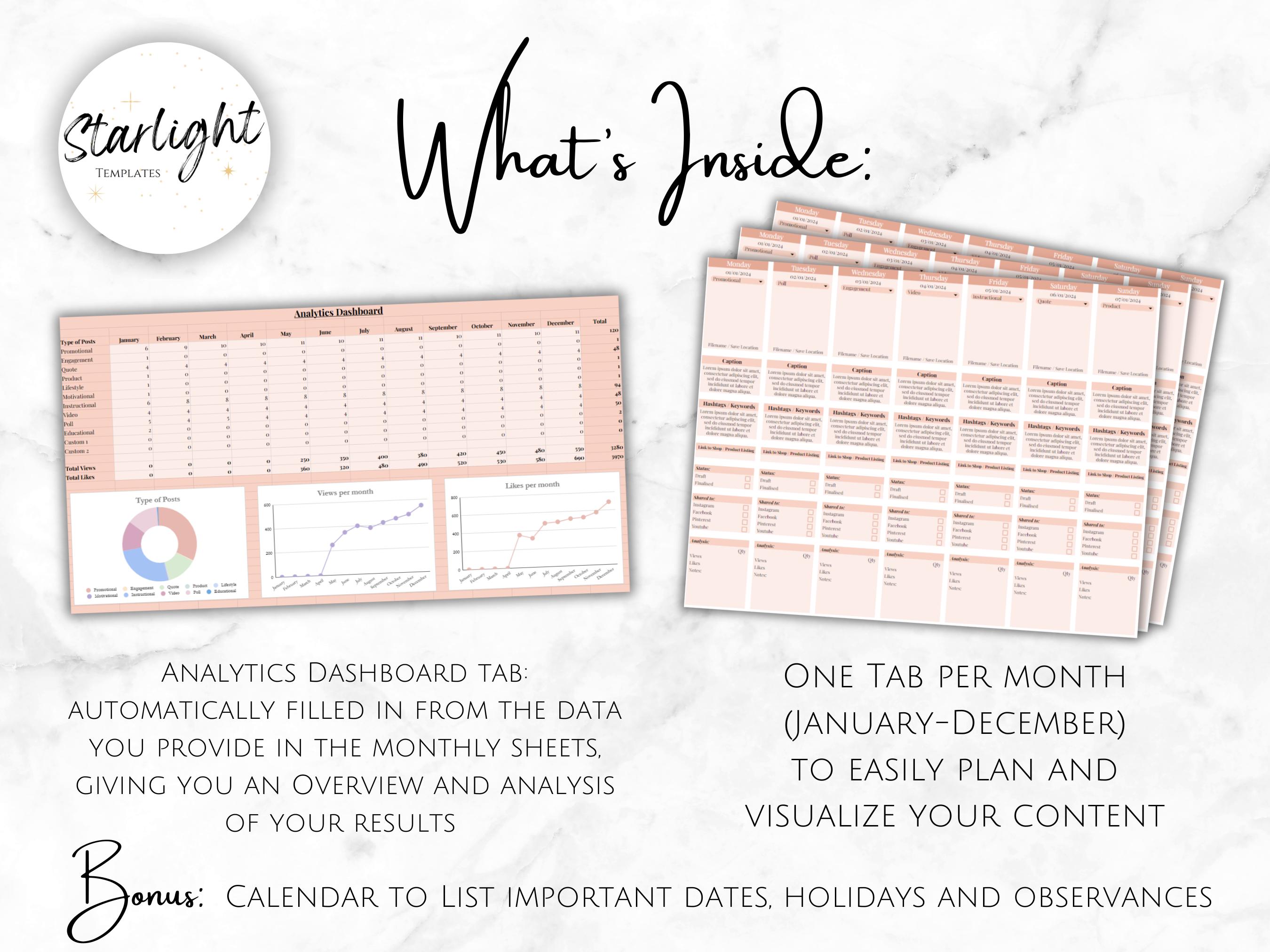Full Year Social Media Content Calendar, Google Sheets Social Media ...