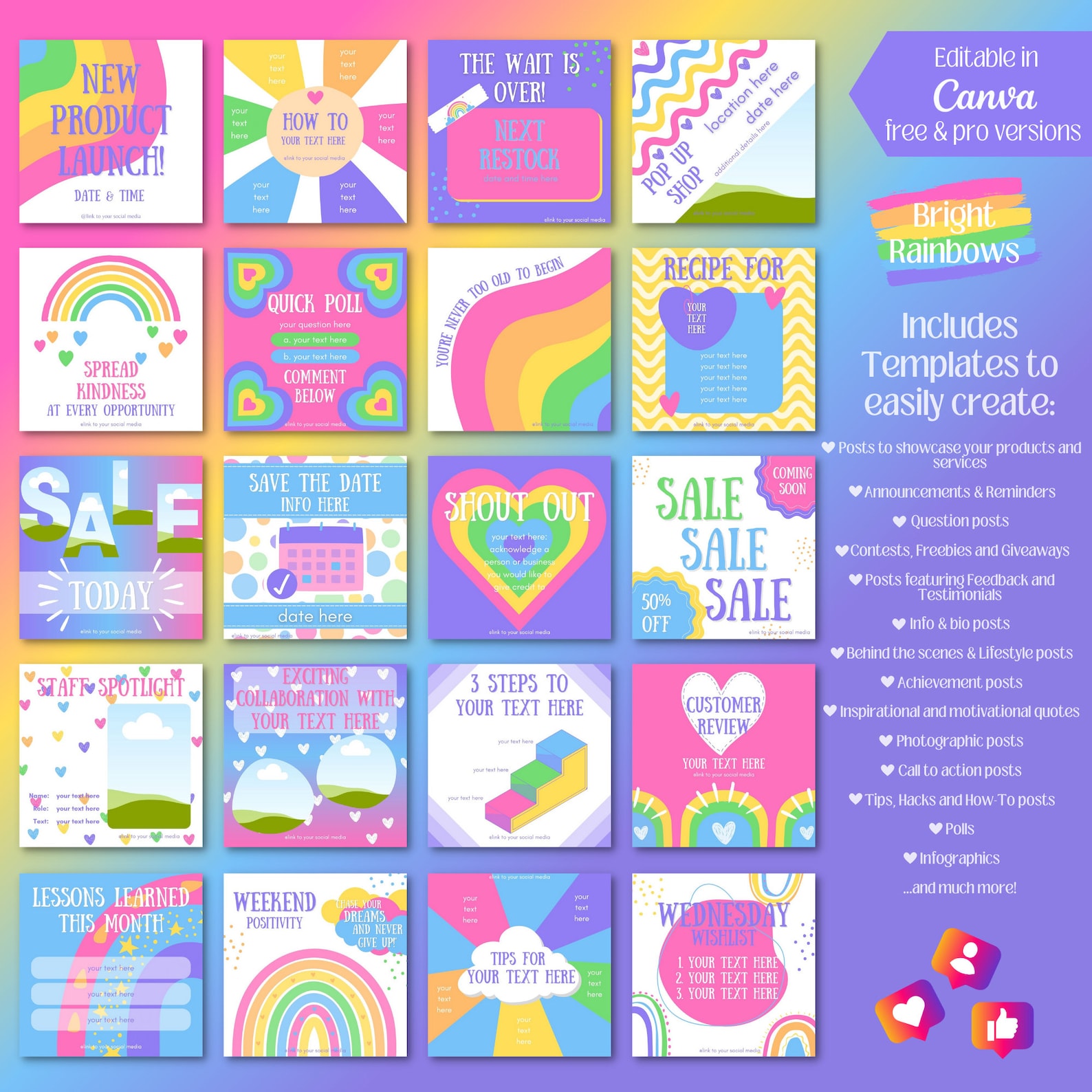 100 Bright Rainbow Instagram Templates, Colorful Instagram Posts, Cute ...