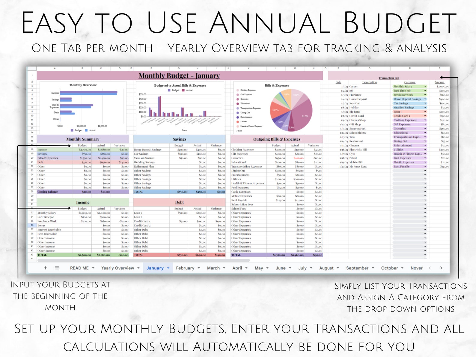 Google Sheets Budget Spreadsheet Full Year Financial Planner, Monthly ...