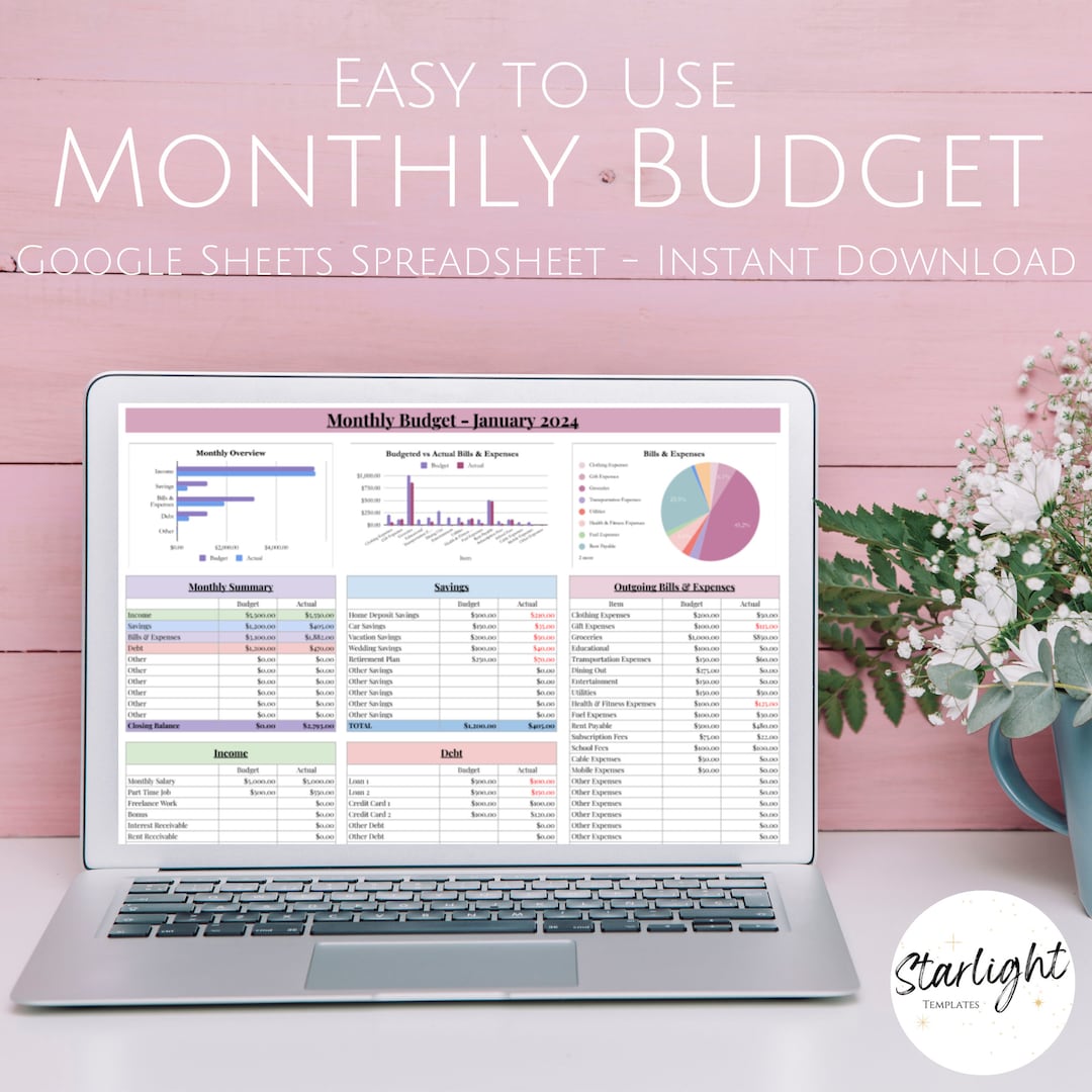 Simple Monthly Budget Planner, Google Sheets Spreadsheet, Financial ...