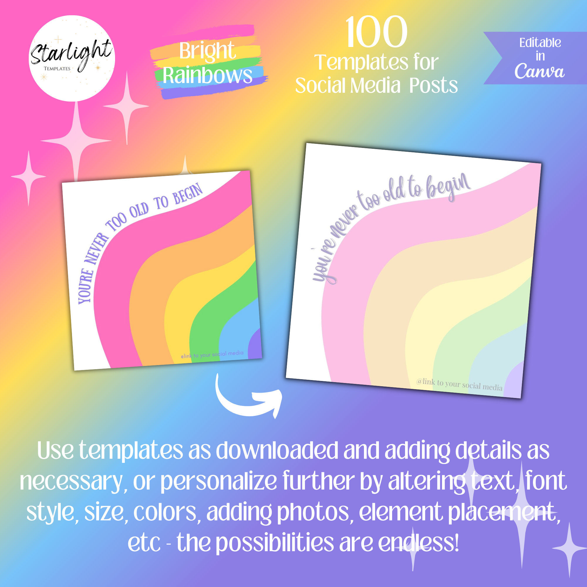 100 Bright Rainbow Instagram Portrait Post Templates, Canva Templates ...