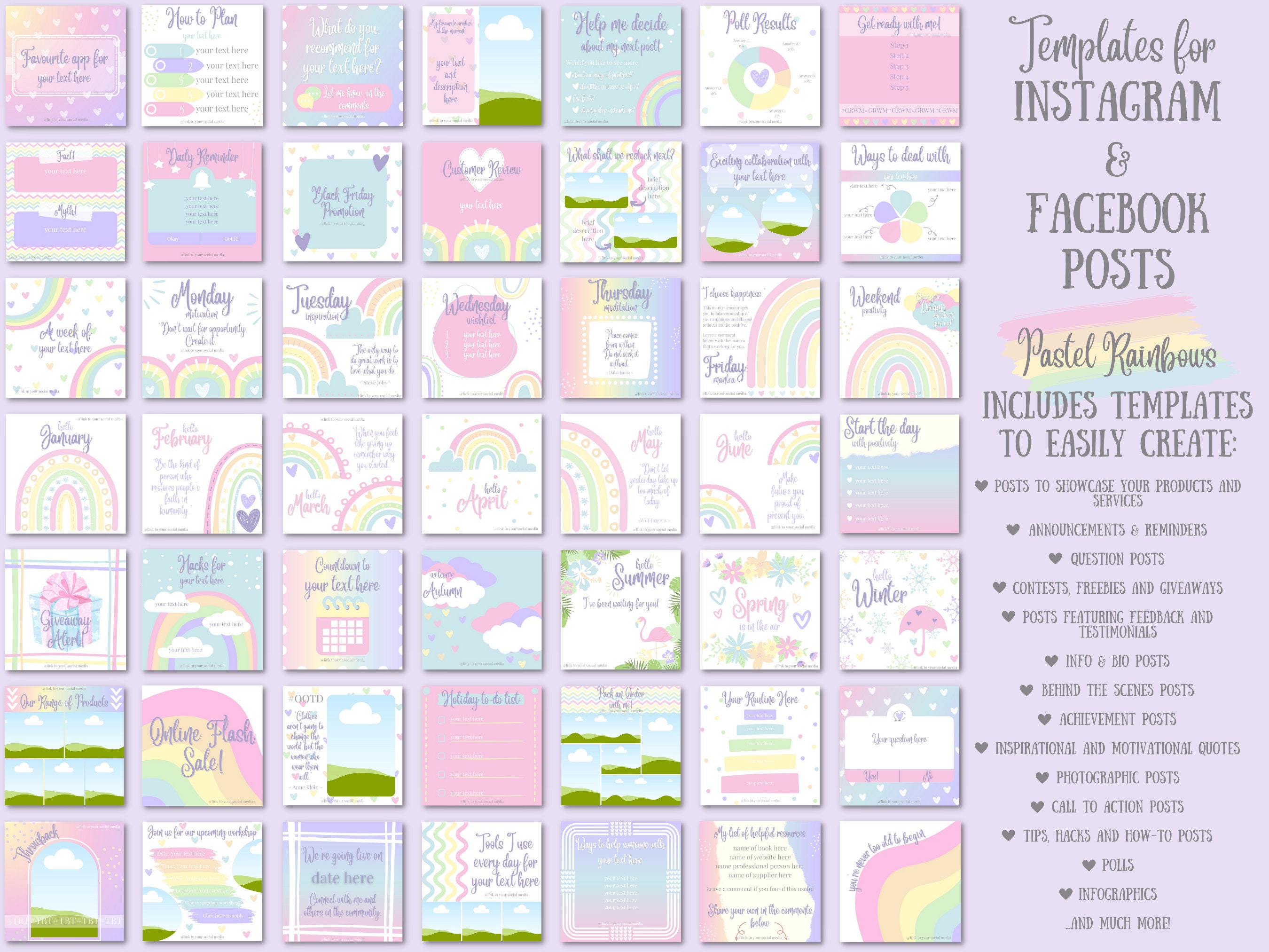 Pastel Rainbow Instagram Templates, Instagram Rainbow Posts, Social ...