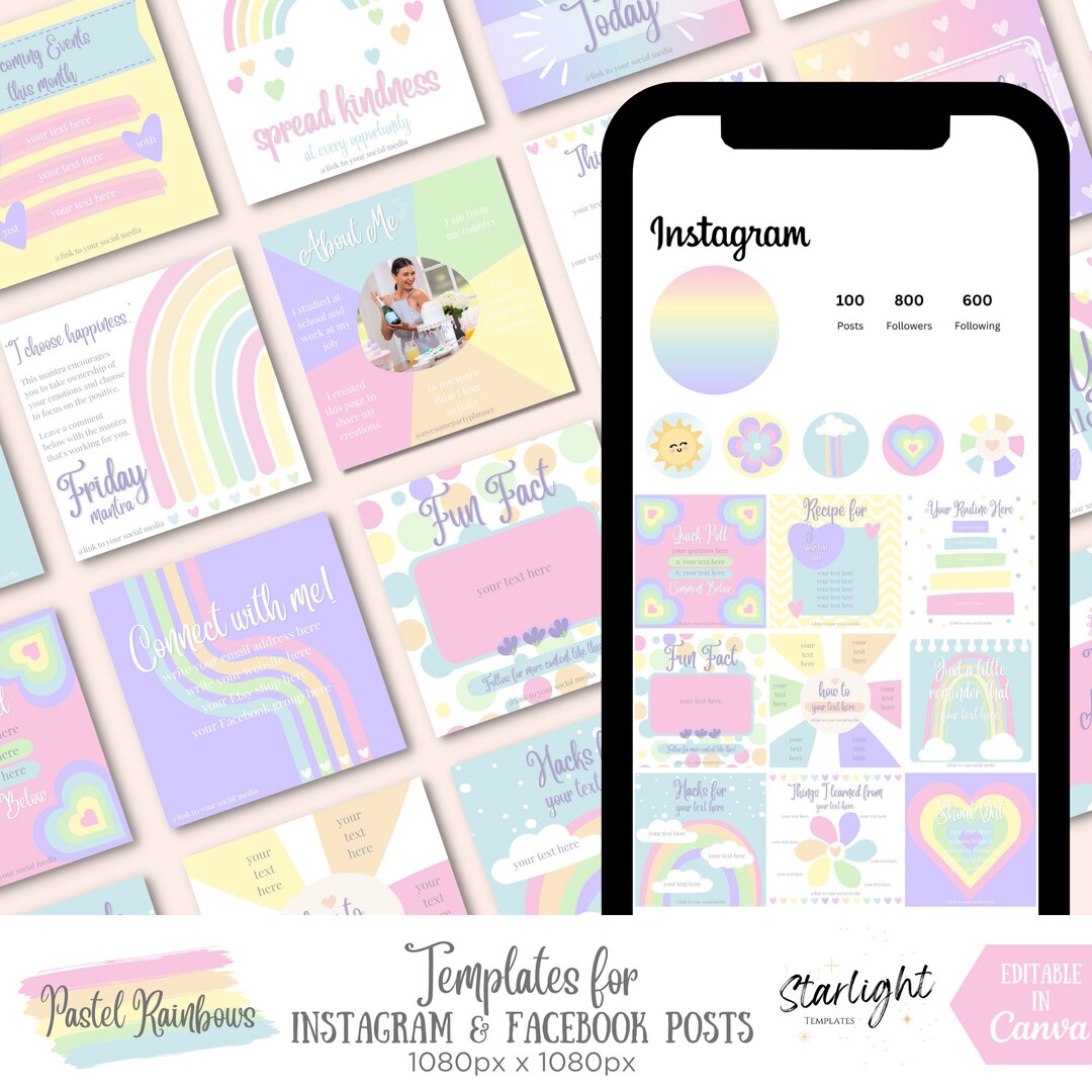 100 Colorful Instagram Templates, Instagram Pastel Rainbow, Social ...