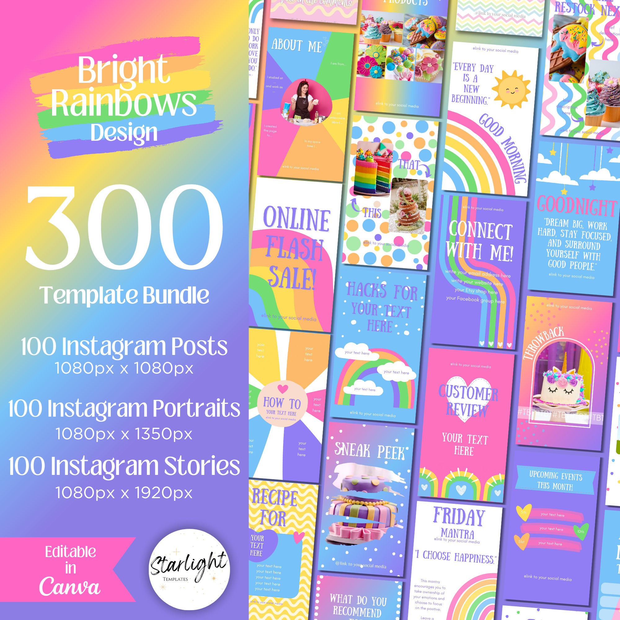 300 Rainbow Instagram Post Templates Bundle, Bright Instagram Rainbow ...