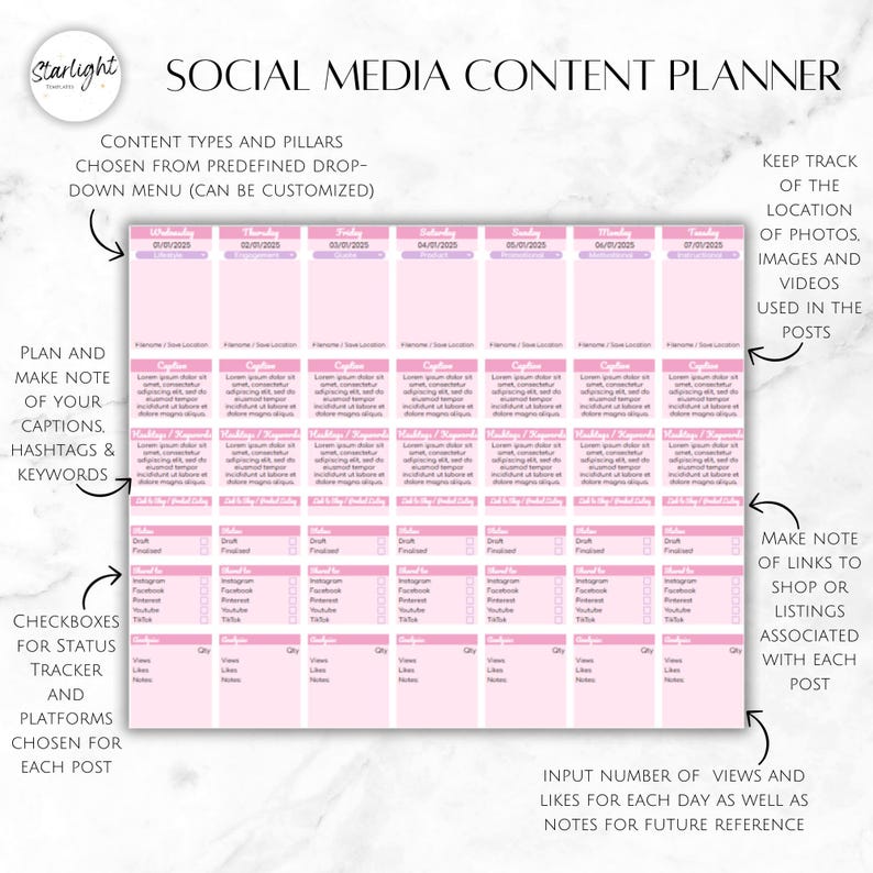 Pink Social Media Content Planner, Content Calendar Tracker, Social ...