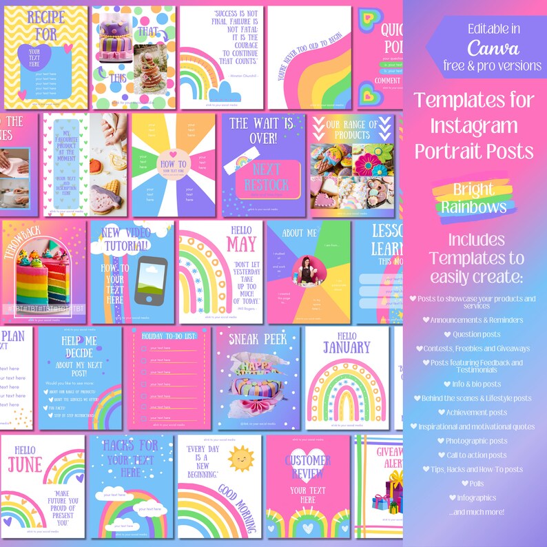 100 Bright Rainbow Instagram Portrait Post Templates, Canva Templates ...