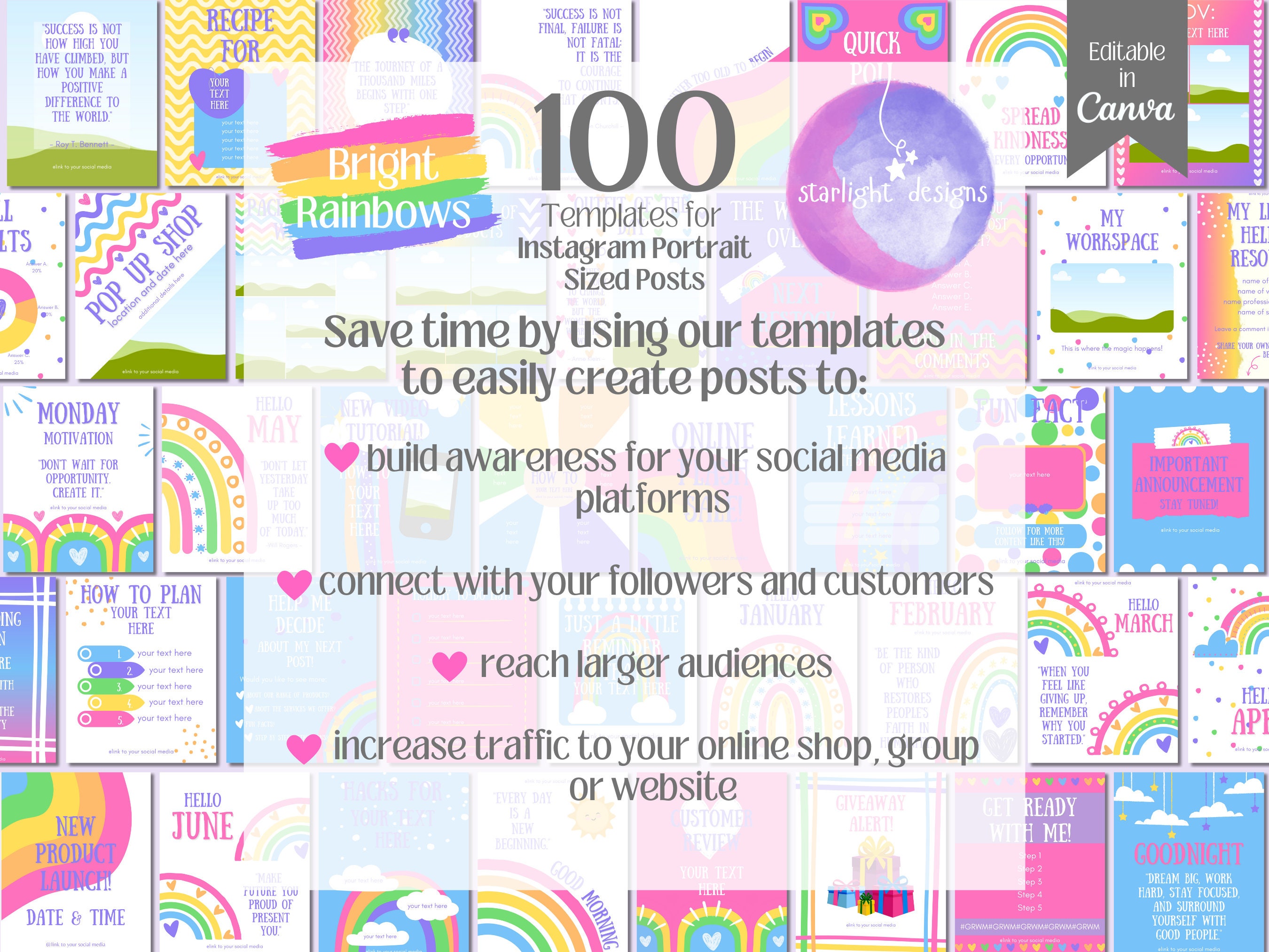 100 Bright Rainbow Instagram Portrait Post Templates, Canva Templates ...
