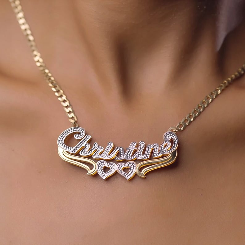 Double Plate Heart Nameplate Necklace | 3D Name Necklace | Gold Name ...