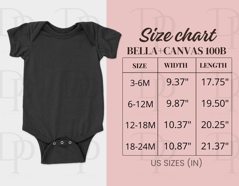 Editable Bella Canvas 100B Size Chart Bundle, Baby Bodysuit Size Chart ...