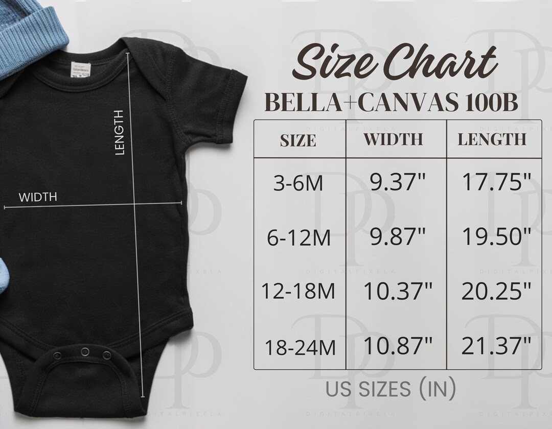 Bella Canvas 100B Size Chart Mockup, Baby Bodysuit Size Chart Mockup ...