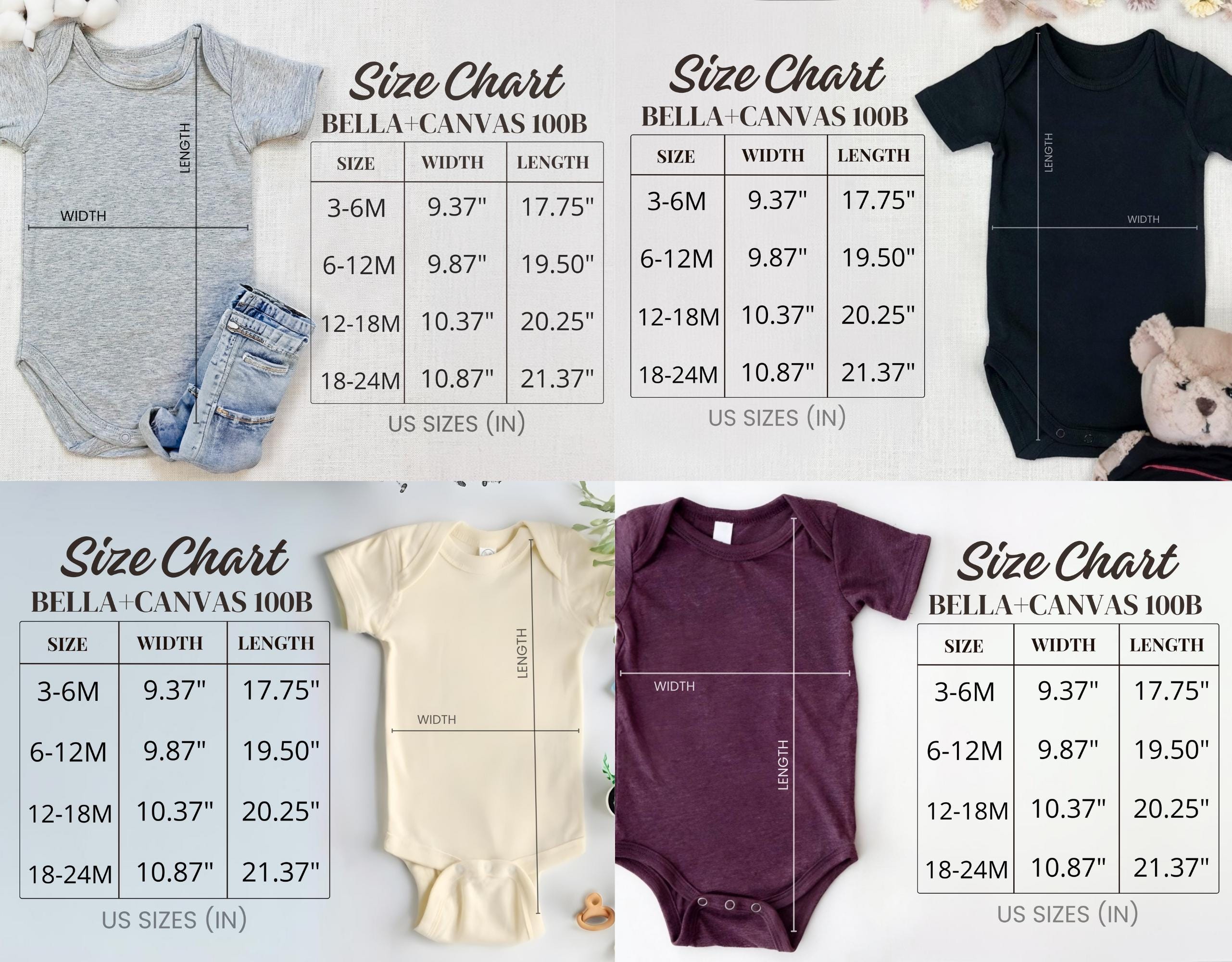 Editable Bella Canvas 100B Size Chart Bundle, Baby Bodysuit Size Chart ...