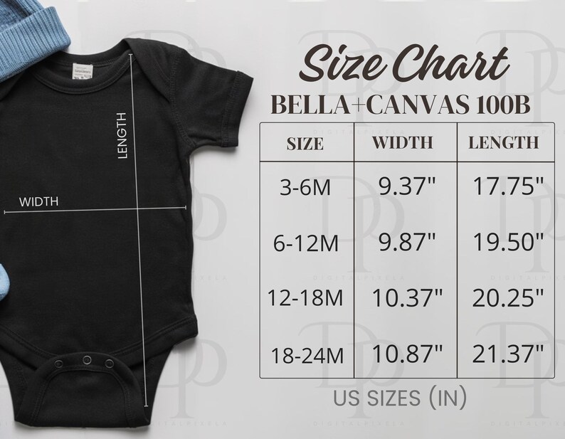 Editable Bella Canvas 100B Size Chart Bundle, Baby Bodysuit Size Chart ...