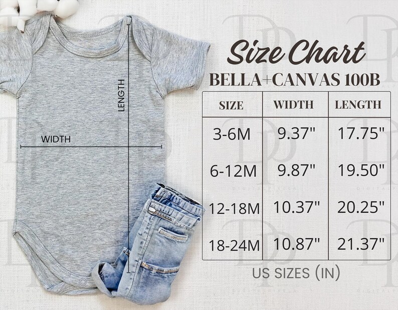 Editable Bella Canvas 100B Size Chart Bundle, Baby Bodysuit Size Chart ...