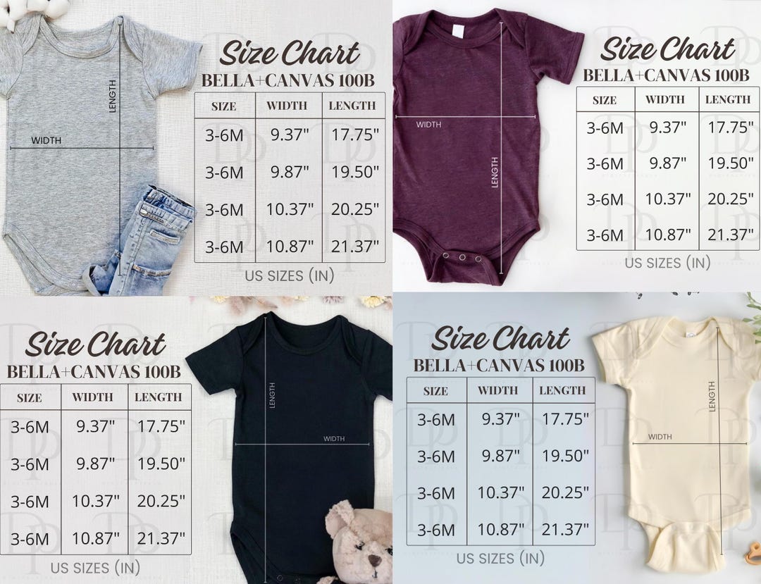 Editable Bella Canvas 100B Size Chart Bundle, Baby Bodysuit Size Chart ...