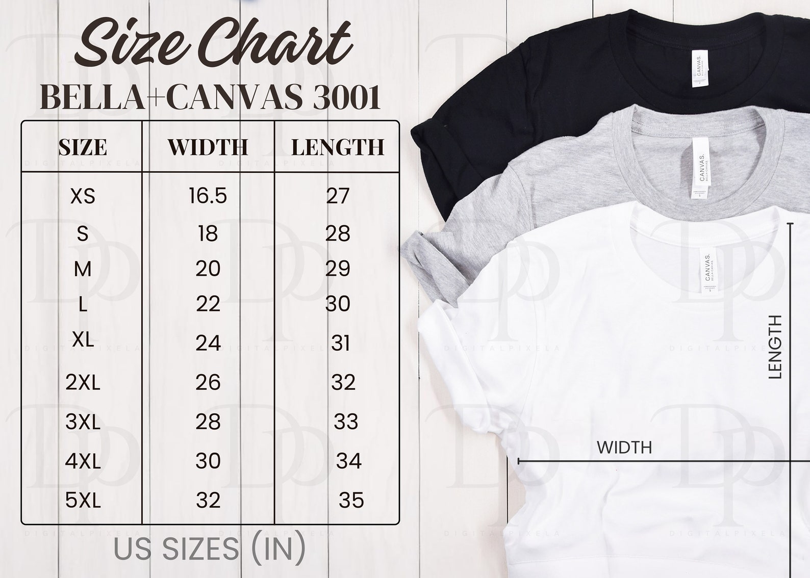 Bella Canvas 3001 Size Chart, Size Guide Mockup, Tshirt Measurements ...