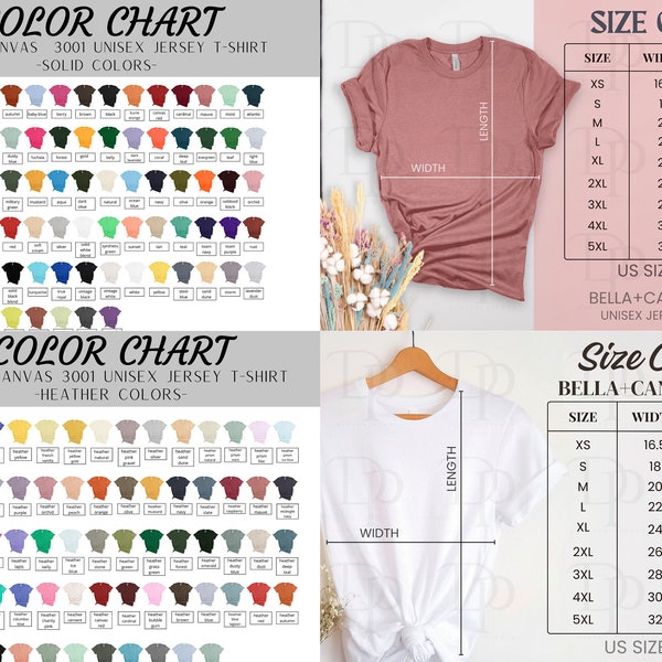 Bella Canvas 3001 Size Chart, Size Guide Mockup, Tshirt Measurements ...