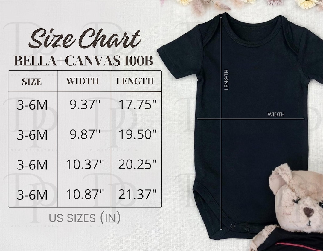 Bella Canvas 100B Size Chart Mockup, Baby Bodysuit Size Chart Mockup ...