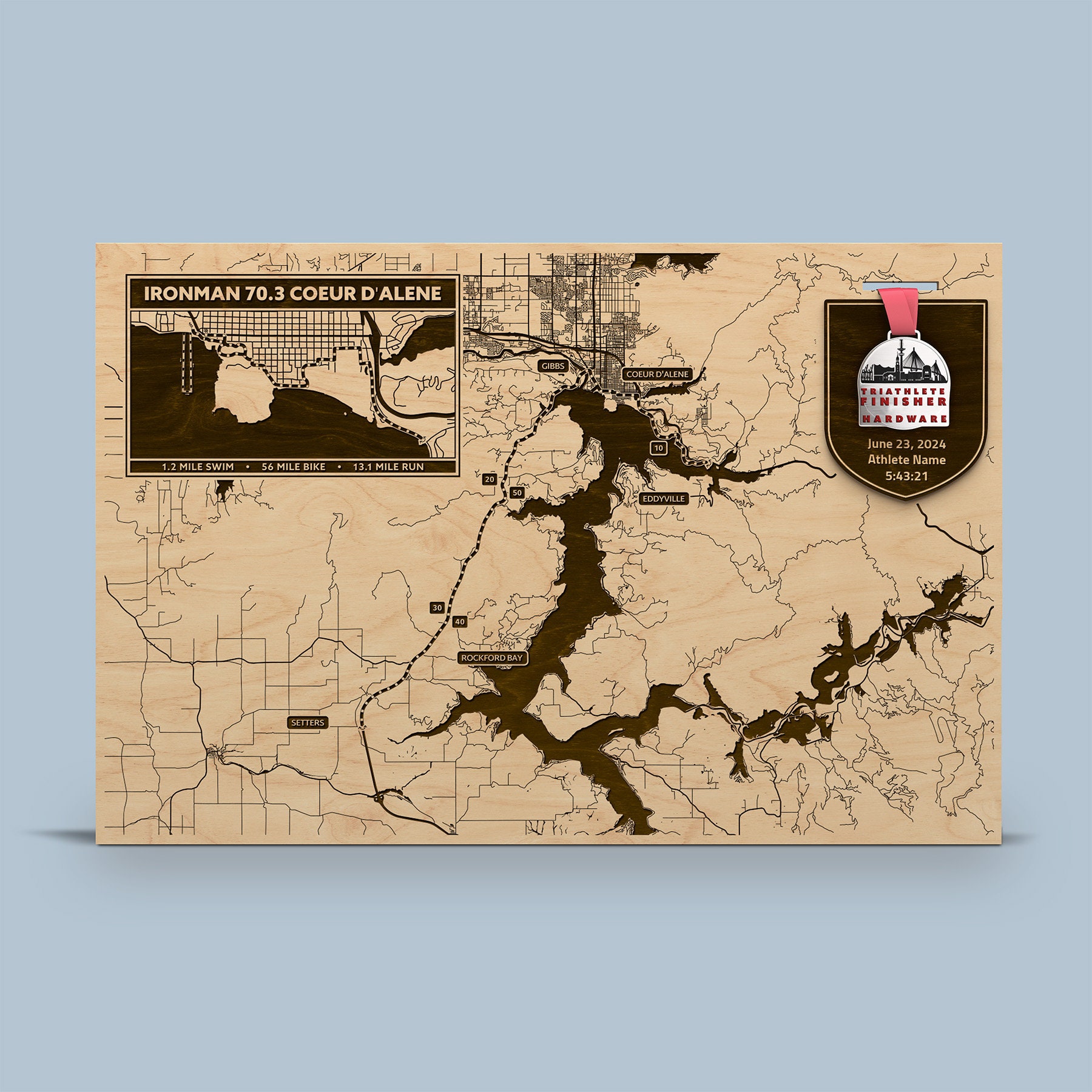 Laser Engraved Course Map Ironman 70.3 Coeur D'alene Medal Display ...