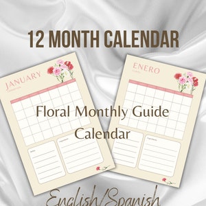 12 Month Calendar Pages Spanish and English Printable, Floral Monthly ...