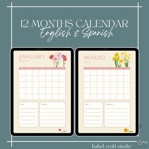 12 Month Calendar Pages Spanish and English Printable, Floral Monthly ...
