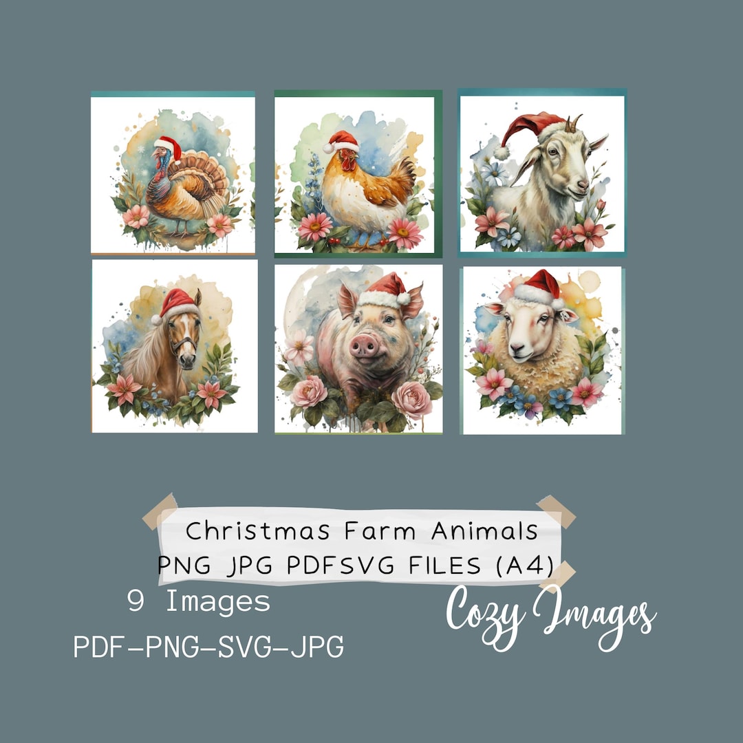 Christmas Farm Animals Watercolor Bundle PNG Watercolor Farmhouse ...