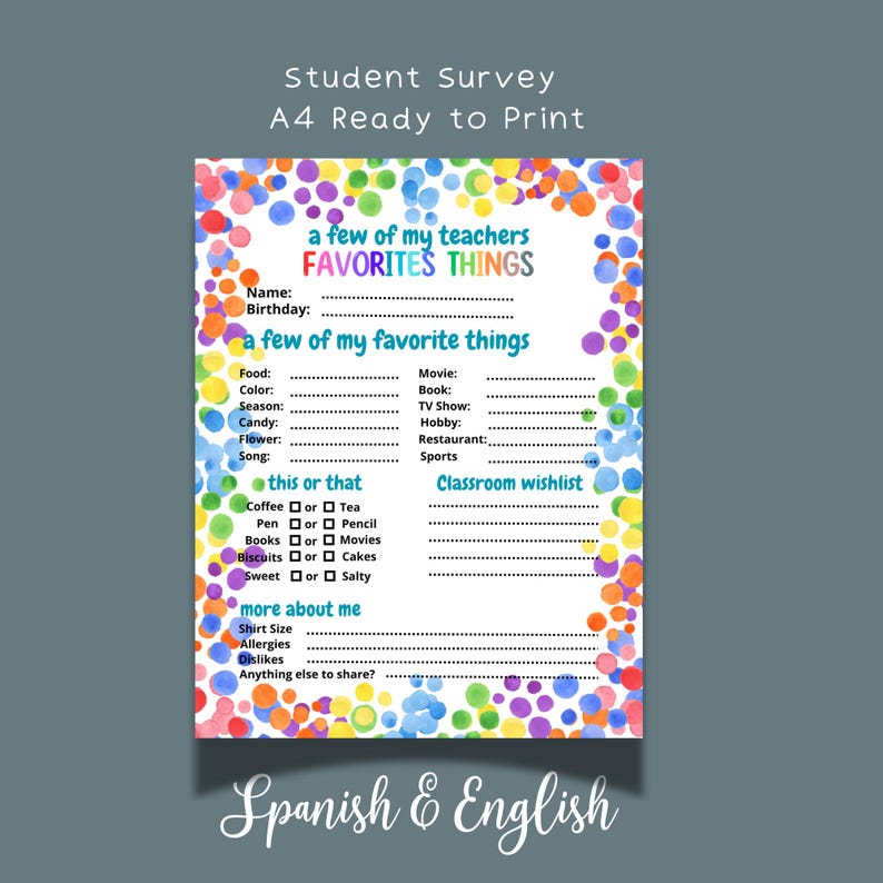 All About My Teacher Favorite Things First Day of School Teacher ...