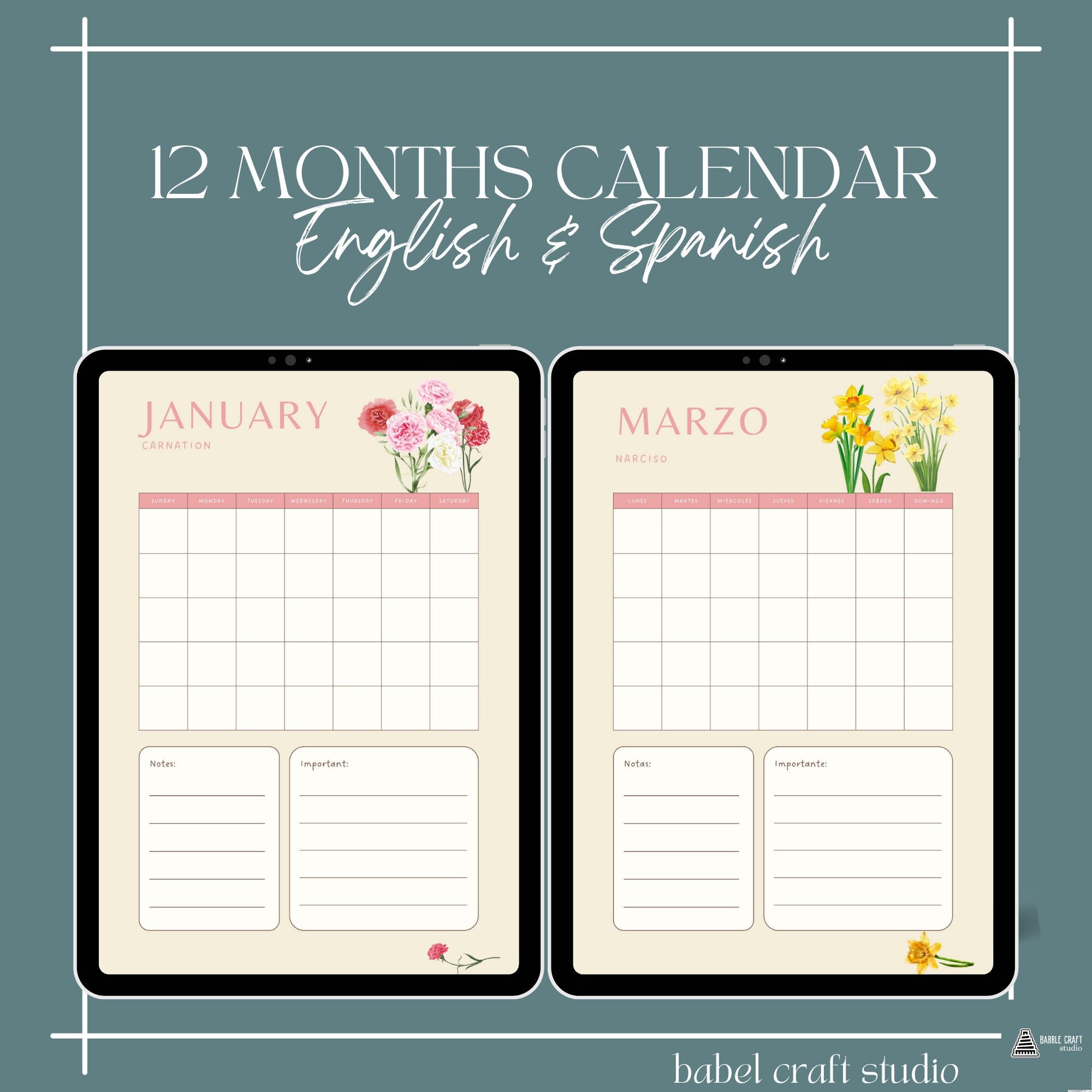 12 Month Calendar Pages Spanish and English Printable, Floral Monthly ...