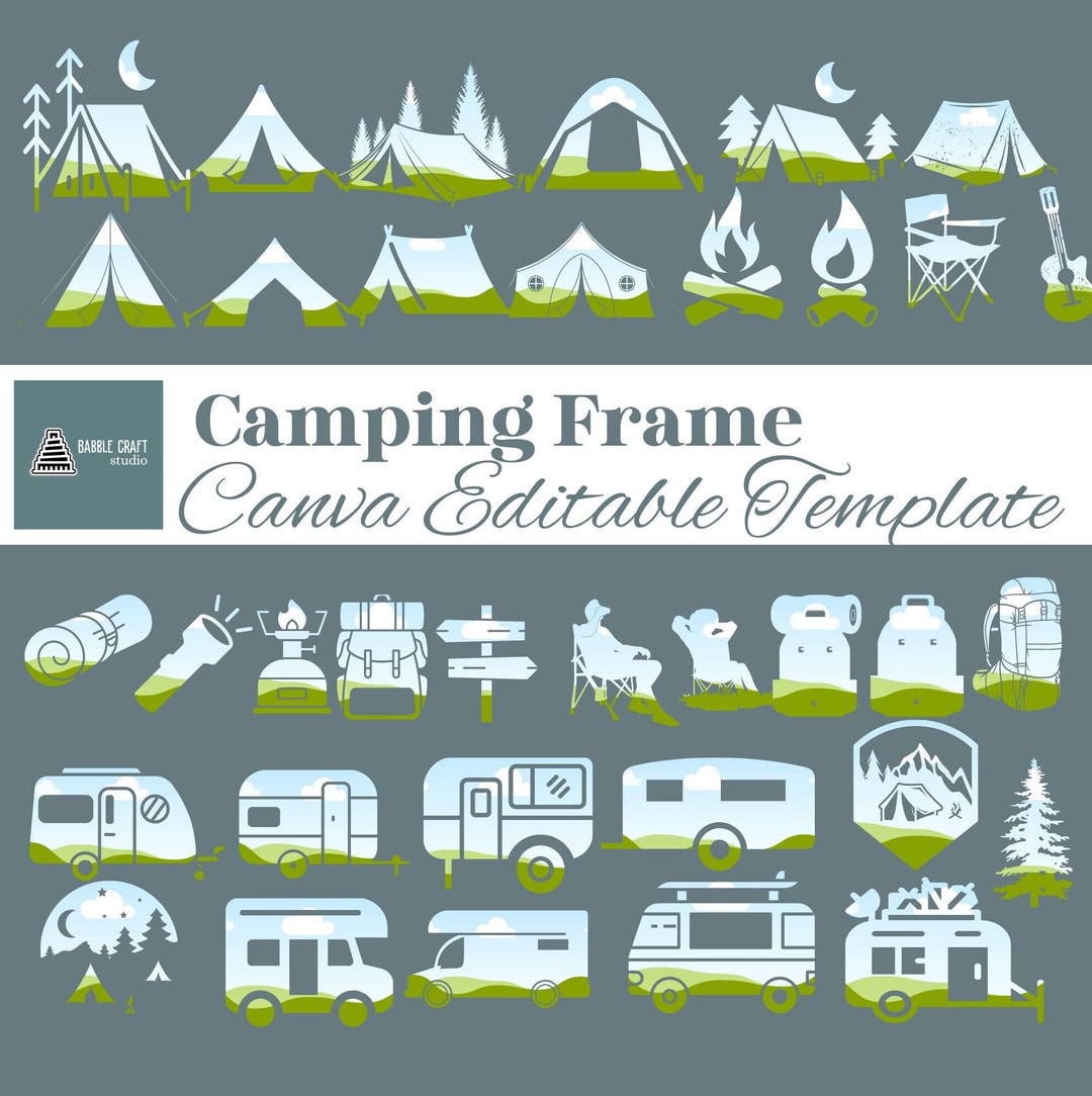 Camping Canva Frame PDF Template Campimg Theme, Tent and Caravan Canva Template Mockup Bundle ...