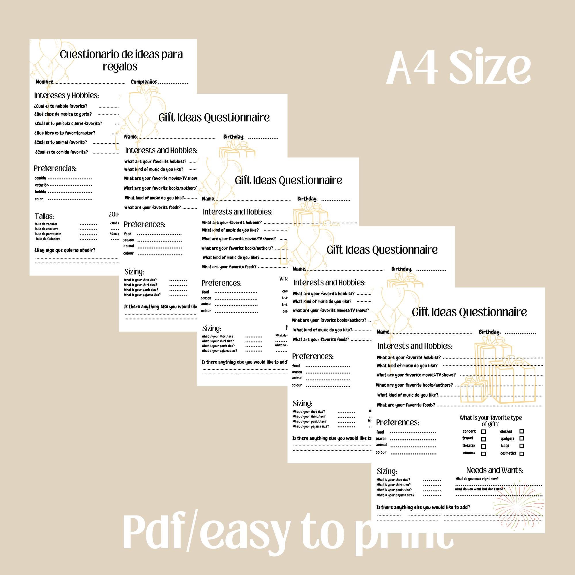 Spanish Gift Guide Questionnaire & Survey PDF | Editable Bilingual Get ...
