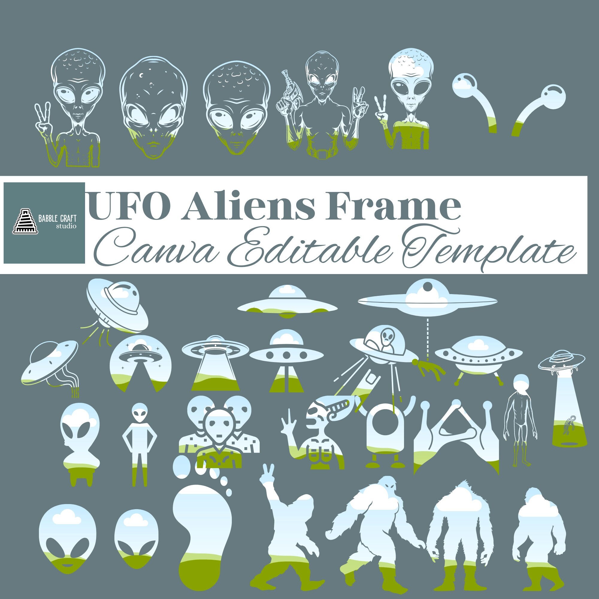 Alien Canva Frame Bundle UFO Alien Bigfoot Editable Canva Template ...