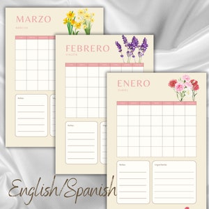 12 Month Calendar Pages Spanish and English Printable, Floral Monthly ...