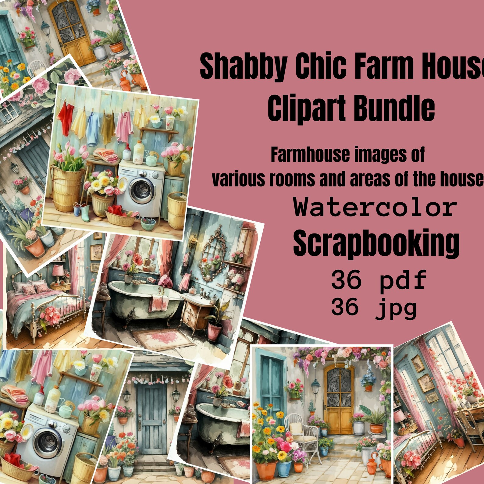 Farmhouse Watercolor Shabby Chic Clipart PNG, Vintage Pink Victorian ...