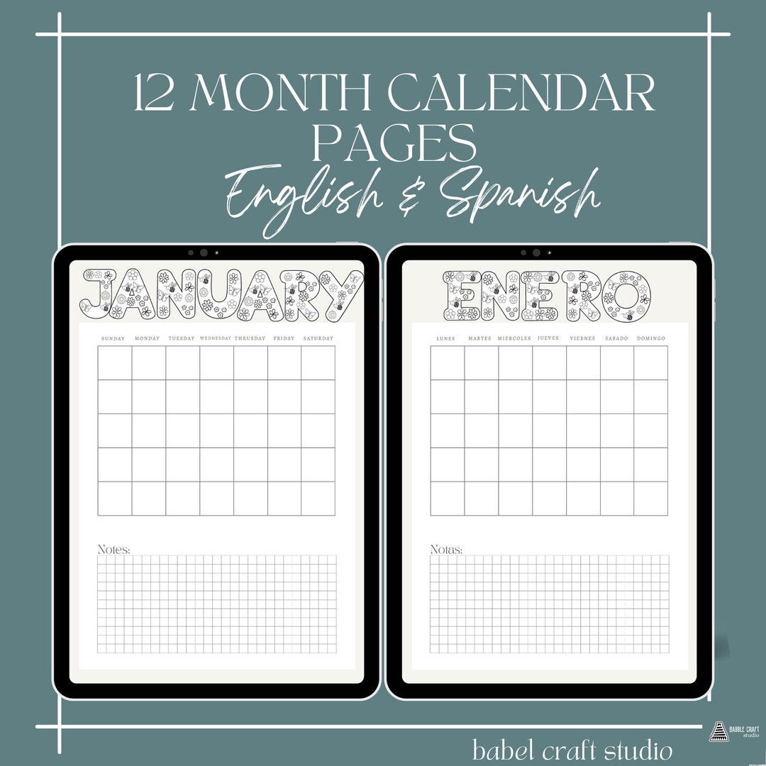 12 Month Calendar Pages English and Spanish A5 Planner Insert Printable ...