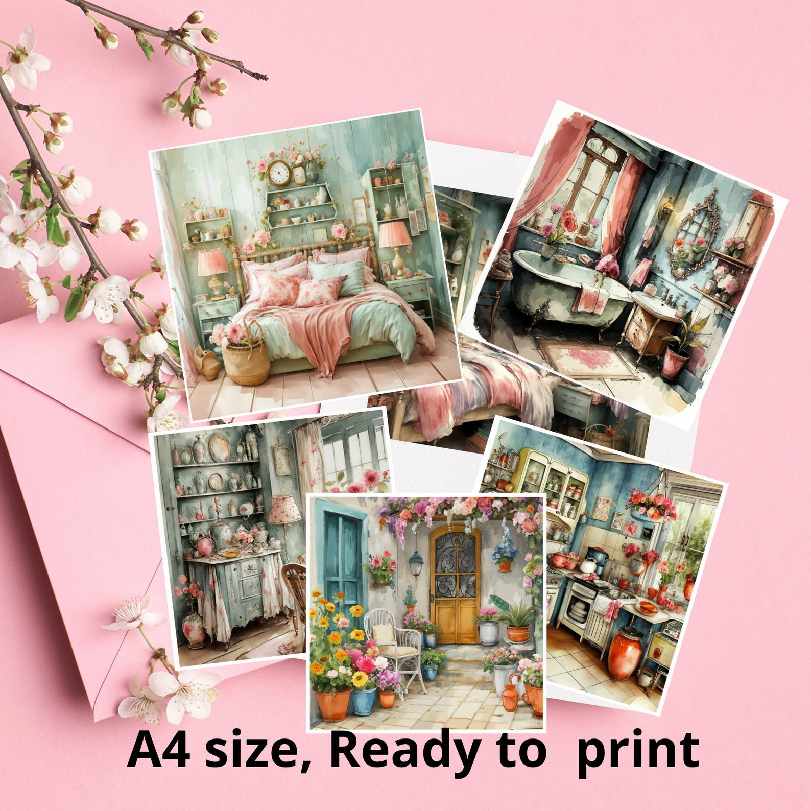 Farmhouse Watercolor Shabby Chic Clipart PNG, Vintage Pink Victorian ...