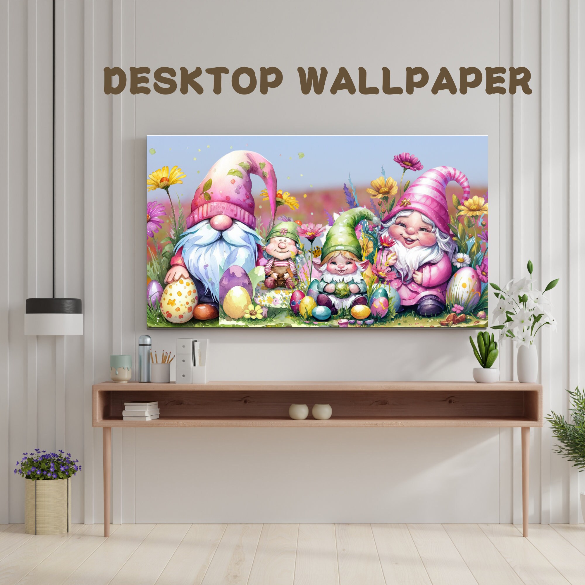 Easter Watercolor Desktop Wallpaper, Floral Gnome Computer Background ...