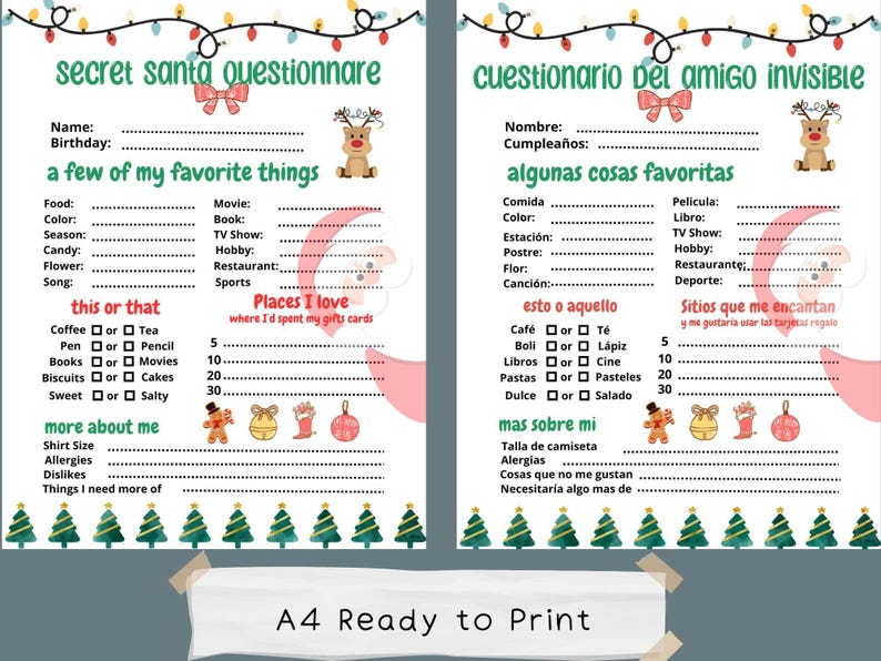 Bilingual Secret Santa Questionnaire Printable, Christmas Gift Exchange ...