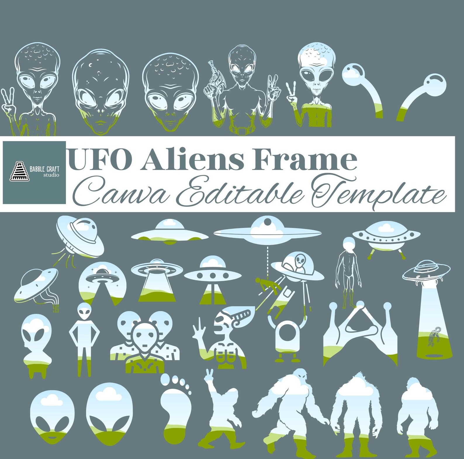 Alien Canva Frame Bundle UFO Alien Bigfoot Editable Canva Template ...