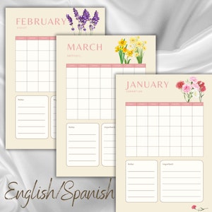 12 Month Calendar Pages Spanish and English Printable, Floral Monthly ...