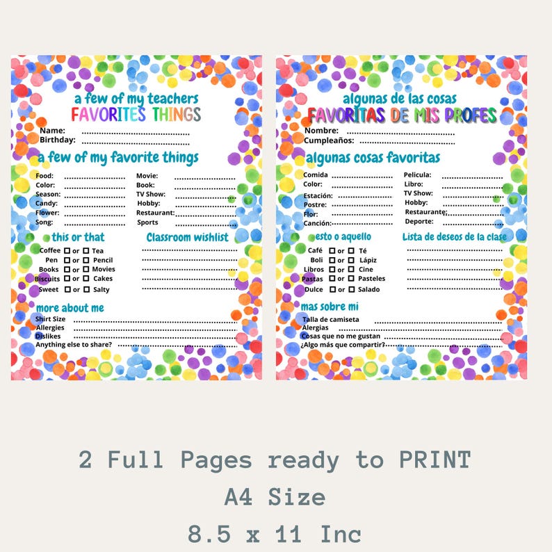 All About My Teacher Favorite Things First Day of School Teacher ...