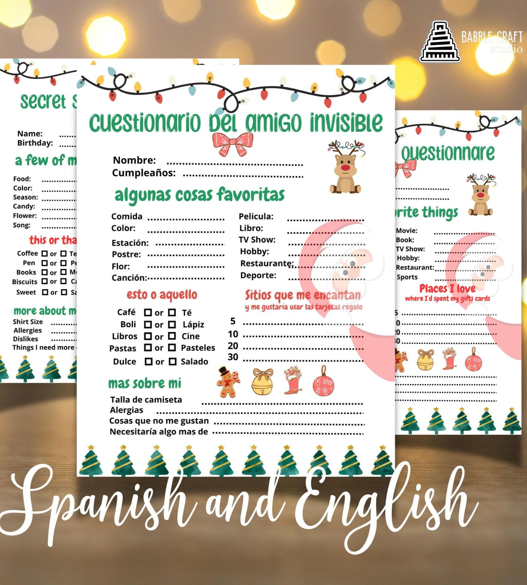 Bilingual Secret Santa Questionnaire Printable, Christmas Gift Exchange ...