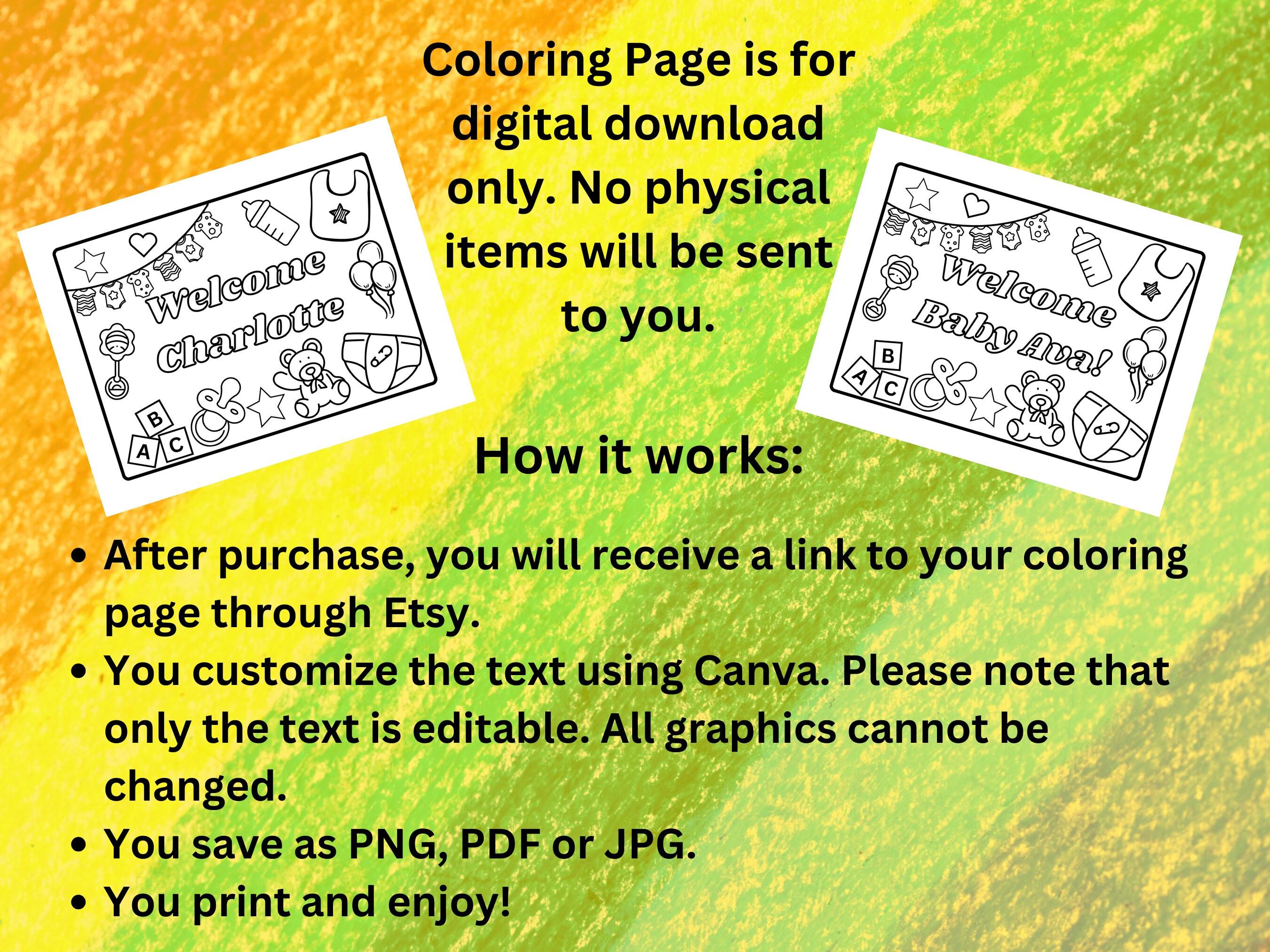 Welcome Baby Coloring Page, Editable Name, Baby Shower Game, Canva ...