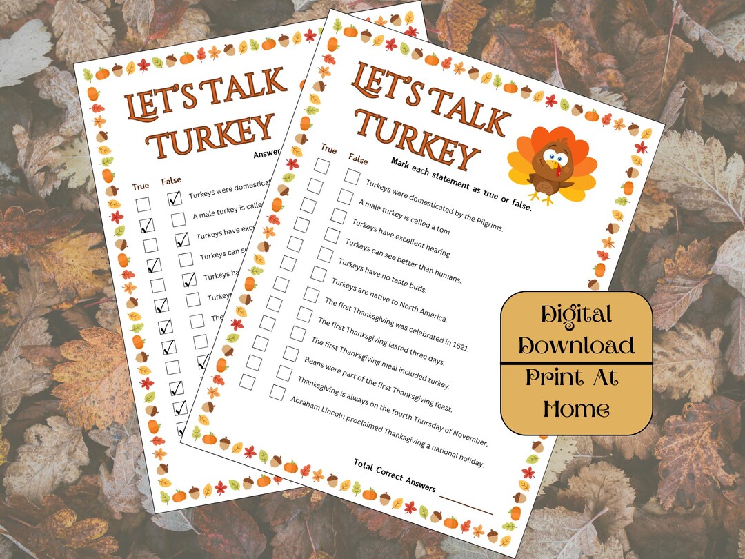 Thanksgiving Game, Let's Talk Turkey True or False Party Game ...