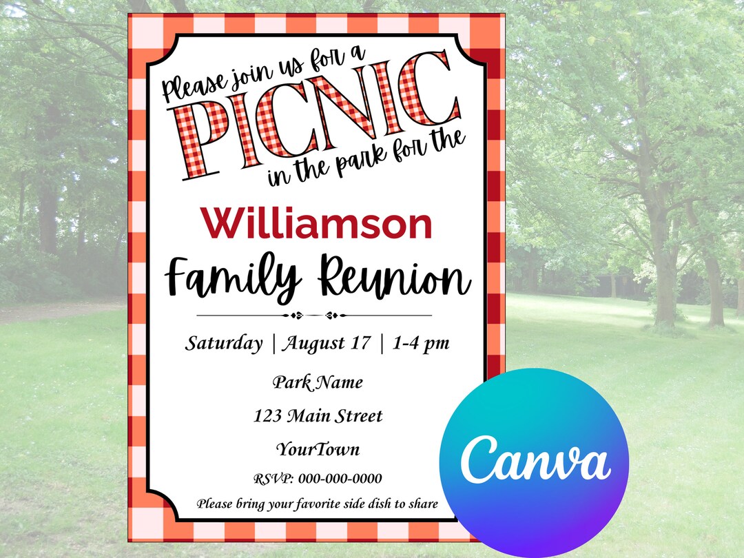 Family Reunion Invitation, Picnic in the Park, Editable Canva, Digital ...